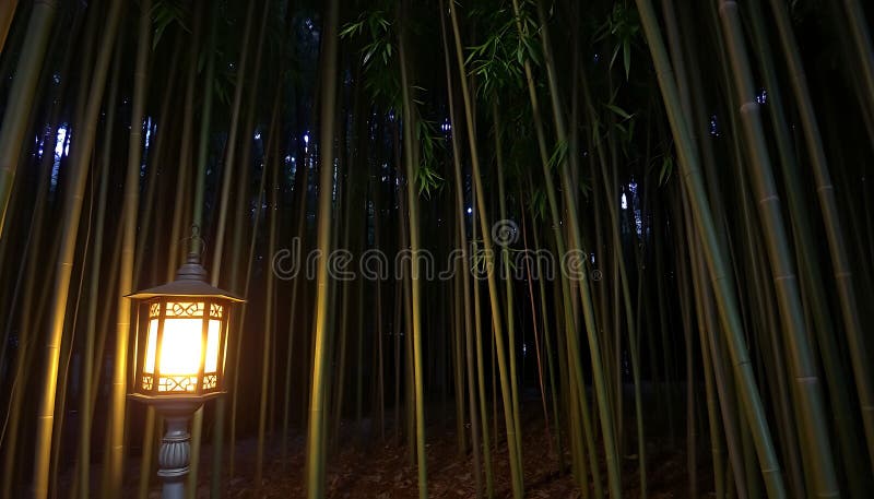 Path through Dense Green Bamboo Forest Illuminated Single Lantern ...