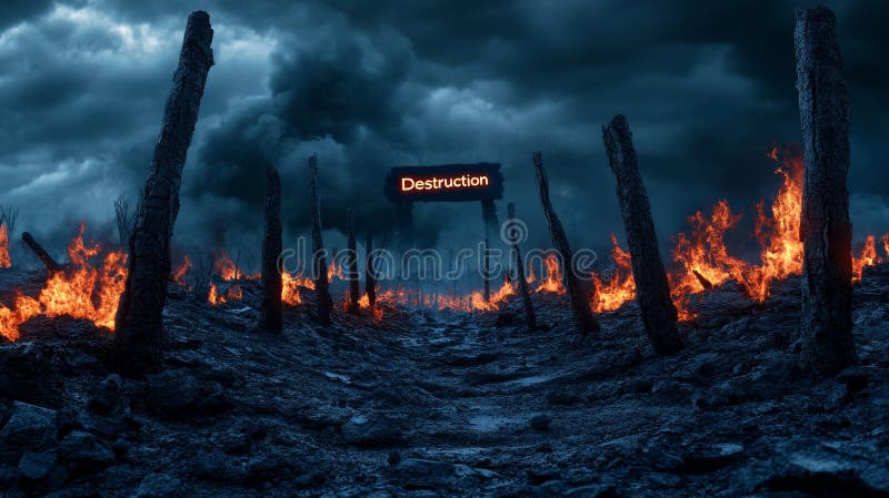 Path of Destruction Scorched Earth Burning Trees Dark Clouds a Signpost ...