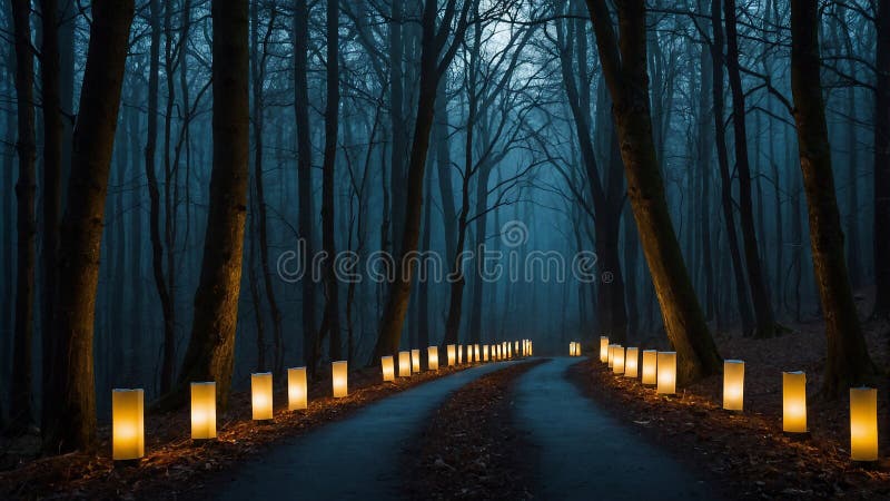 A Path in a Dimly Lit Forest, Illuminated by Lanterns, Creating a ...
