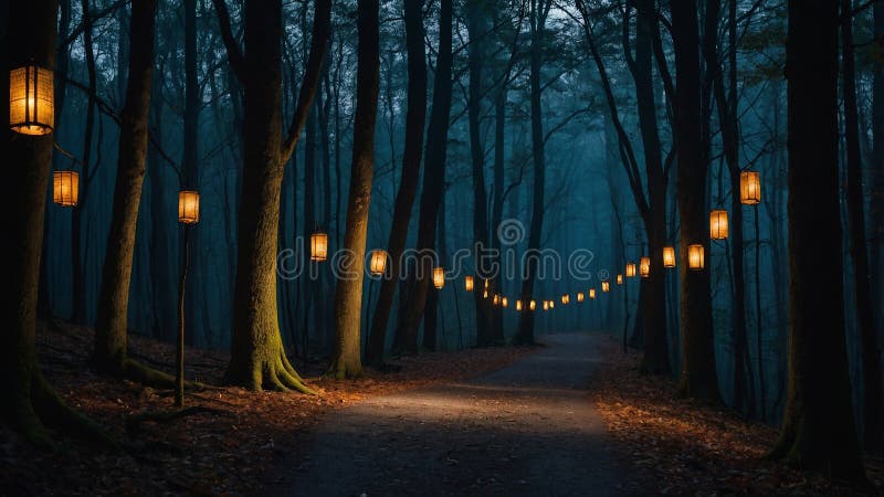 A Path in a Dimly Lit Forest, Illuminated by Lanterns, Creating a ...