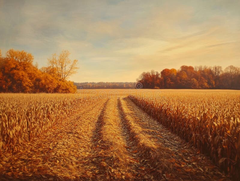A Path through a Field of Dried Corn Stalks in Autumn Stock ...