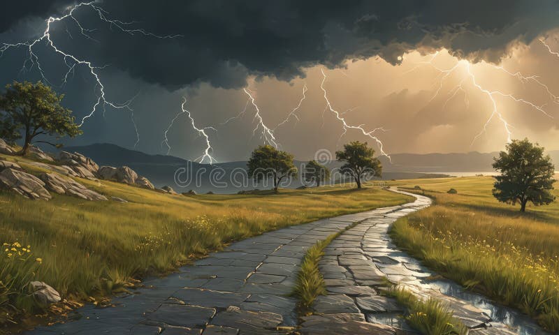 Path through Field with Tree and Lightning Stock Illustration ...