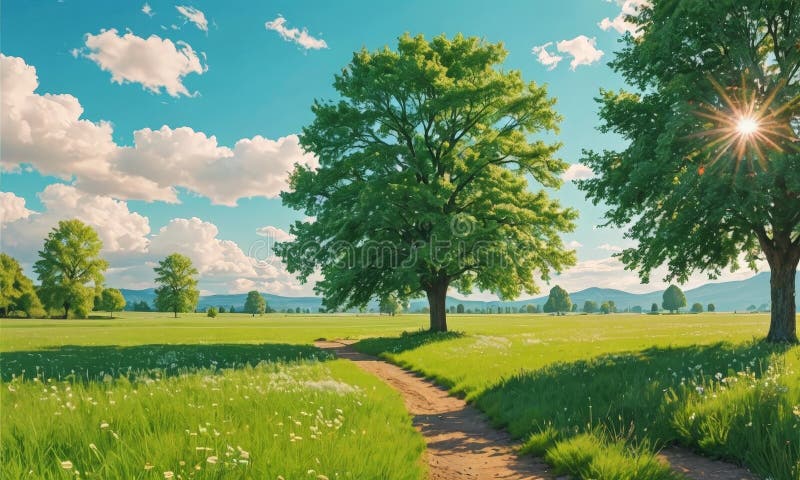 Path through Field with Trees and Flowers Stock Illustration ...