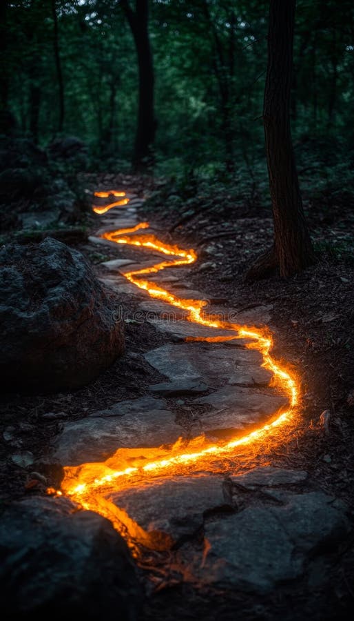 Path of Fire through Enchanted Forest at Twilight, Mysterious Light ...