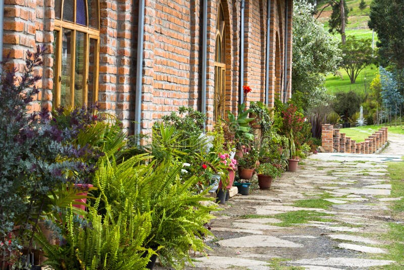 Path Flanked by Brick Wall and Potted Plants Stock Image - Image of ...