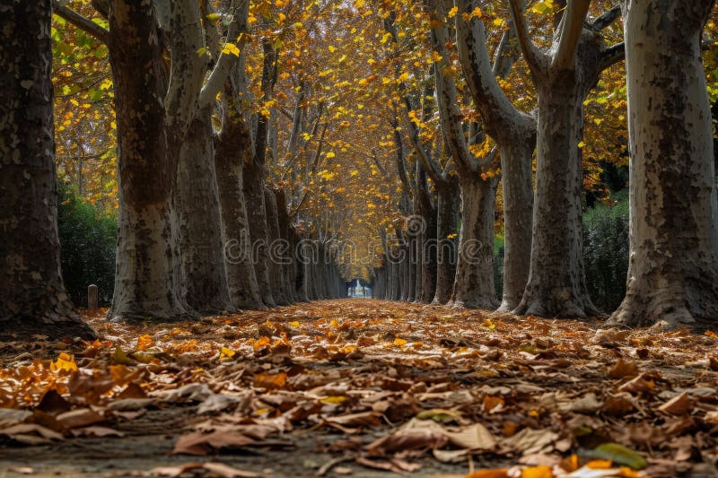 A Path Flanked by Trees with Fallen Leaves Covering the Ground Below ... A Path Flanked by Trees with Fallen Leaves Covering the Ground Below ...