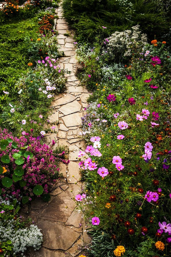 Path and flowers in garden stock photo. Image of pathway - 34860064