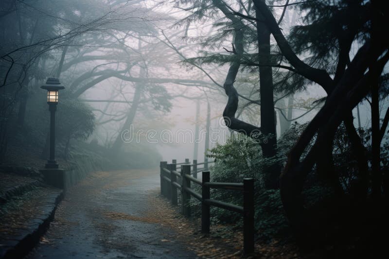 A Path in the Fog with a Lamp Post in the Middle Stock Illustration ...