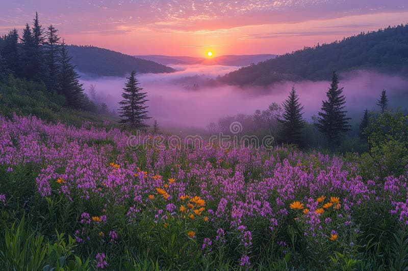 Path in a Foggy Field with Blooming Different Wildflowers in Spring ...