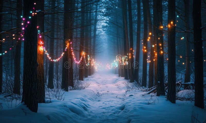 A Path through a Forest with Christmas Lights Stock Image - Image of ...