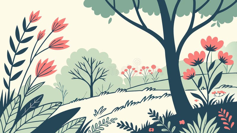 Path through Forest with Flowering Trees Landscape Vector Design ...