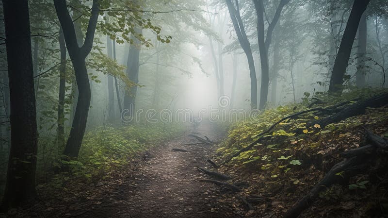A Path in a Forest with Fog and Trees on Both Sides Stock Illustration ...