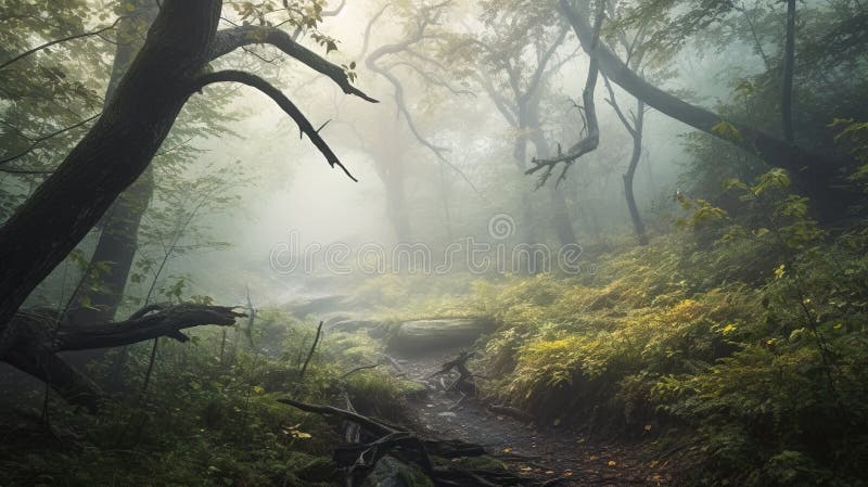 A Path in a Forest with Fog and Trees on Both Sides Stock Illustration ...