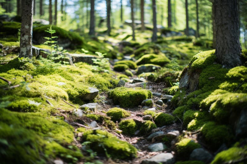 A Path through a Forest with Green Moss on the Ground Stock ...