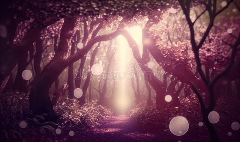 A Path through a Forest with a Light Shining through the Trees Stock ...