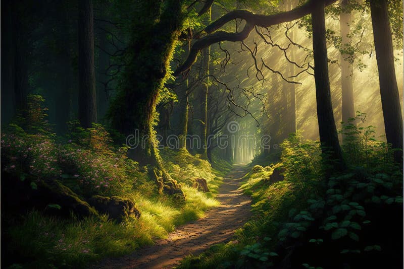 A Path in a Forest with a Light Shining through the Trees and Grass on ...