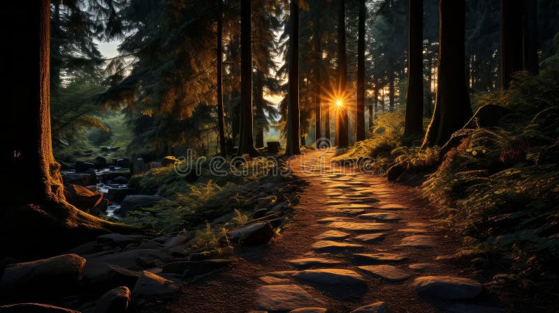 A Path in a Forest with Lights from the Trees. Generative AI. Stock ...