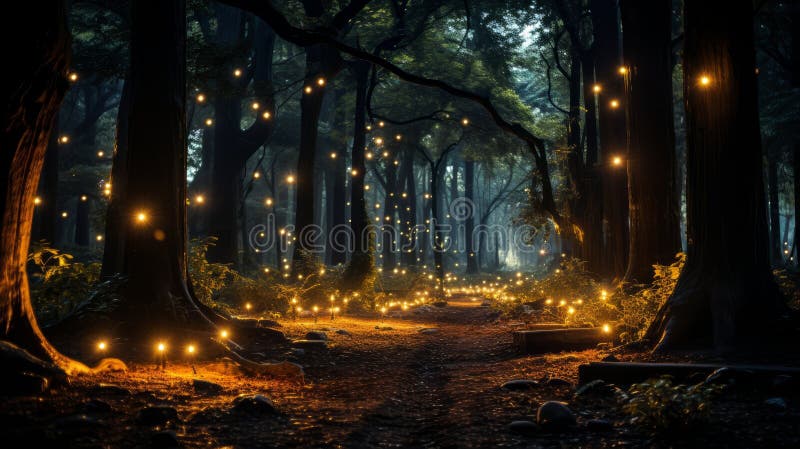 A Path in a Forest with Lights from the Trees. Generative AI. Stock ...