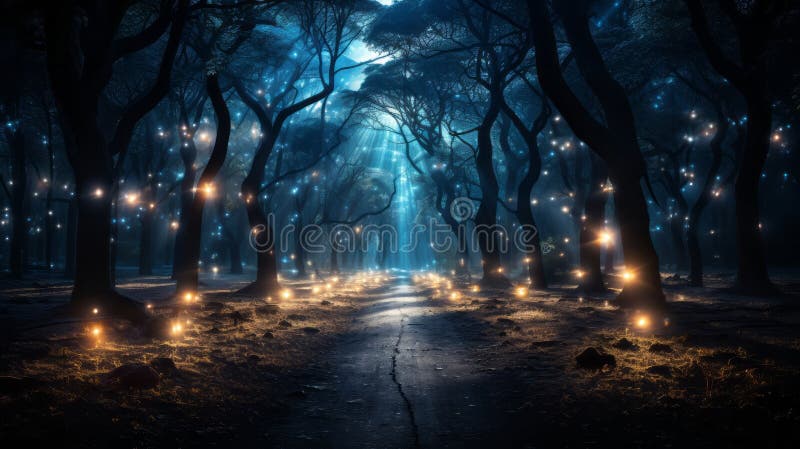 A Path in a Forest with Lights from the Trees. Generative AI. Stock ...