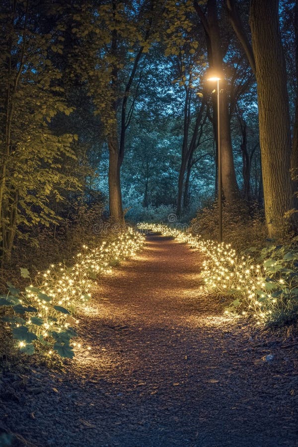 Path in a Forest is Lit Up with Lights, Creating a Warm Stock Photo ...