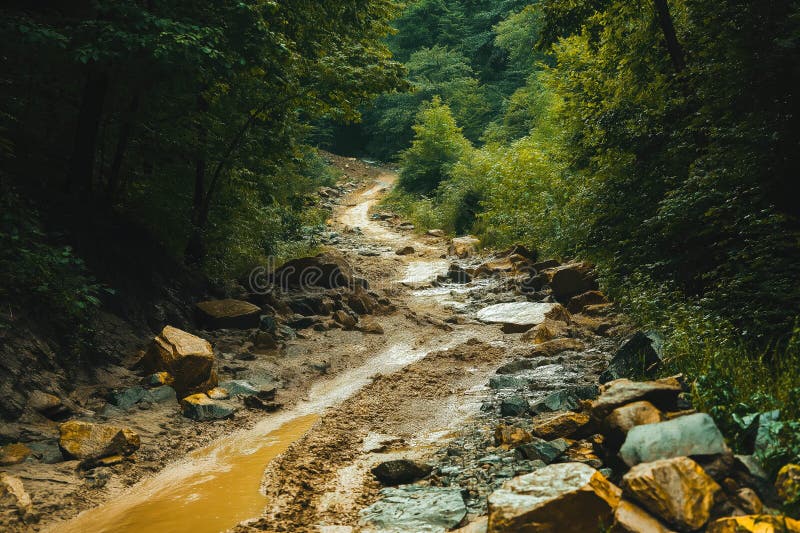 Path in the Forest. Natural Disasters. Village Landslide on the Road ...