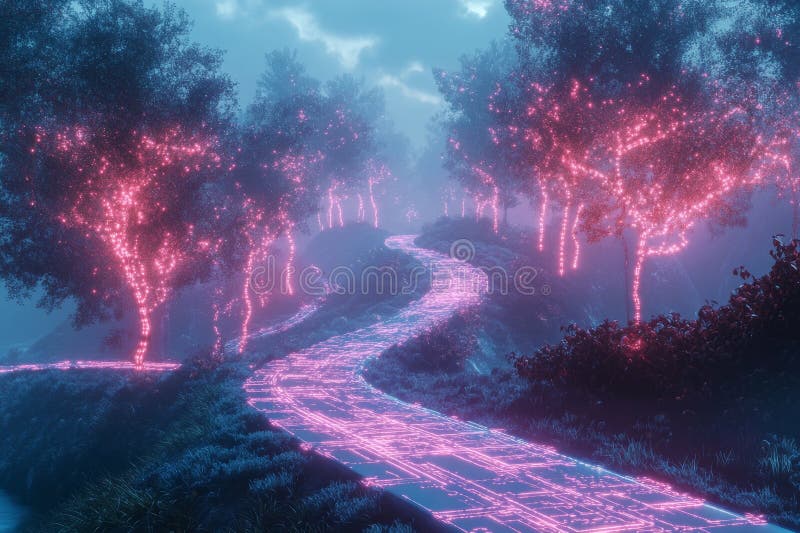 A Path in a Forest with Pink Lights on the Trees Stock Illustration ...