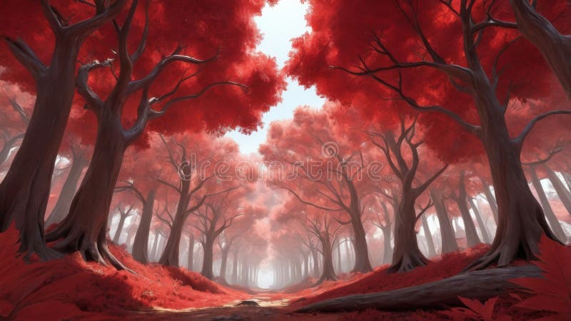 A Path through a Forest of Red Trees Stock Illustration - Illustration ...