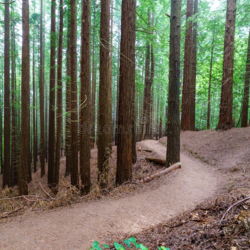 Path in the Forest between Redwoods with a Multitude of Tree Trunks ...