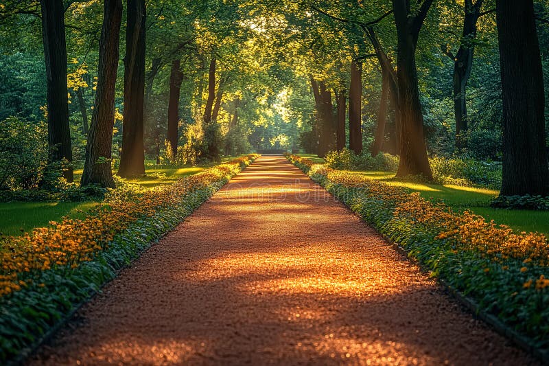 Path through a Forest with a Row of Yellow Flowers on Either Side Stock ...