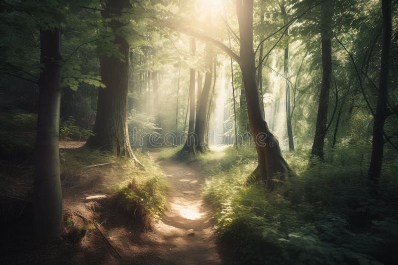 A Path through a Forest with Sun Shining through the Trees Stock ...