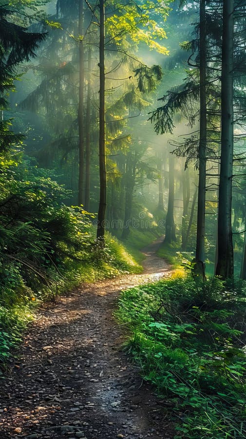 A Path through the Forest with Sunlight Shining through Stock Photo ...