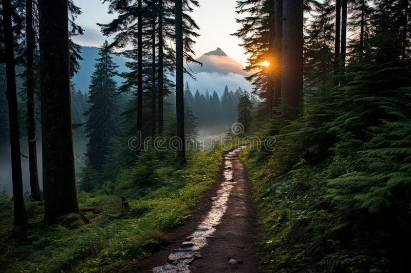 A Path through a Forest at Sunrise Stock Illustration - Illustration of ...