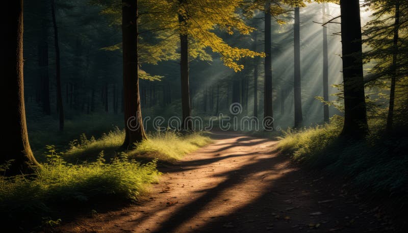 A Forest with a Path Leading through it Stock Image - Image of misty ...