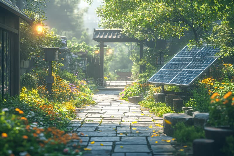 Path in a Garden with a Solar Panel on the Side Stock Photo - Image of ...