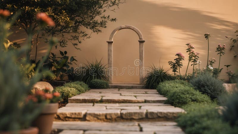 A Path through a Garden with a Stone Walkway and a Small Archway. Stock ...