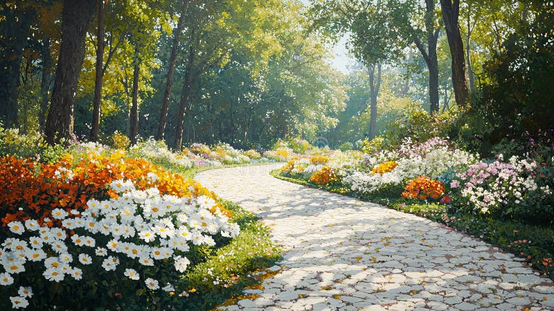 A Path through a Garden with a White Brick Walkway Stock Photo - Image ...