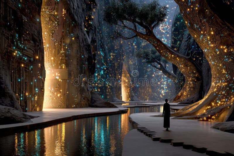Path between Giant Light Trees and Pools Stock Illustration ...