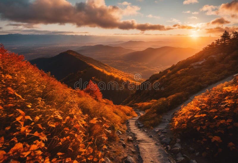 A Path that is Going Down a Hill with the Sun Setting on Top Stock ...