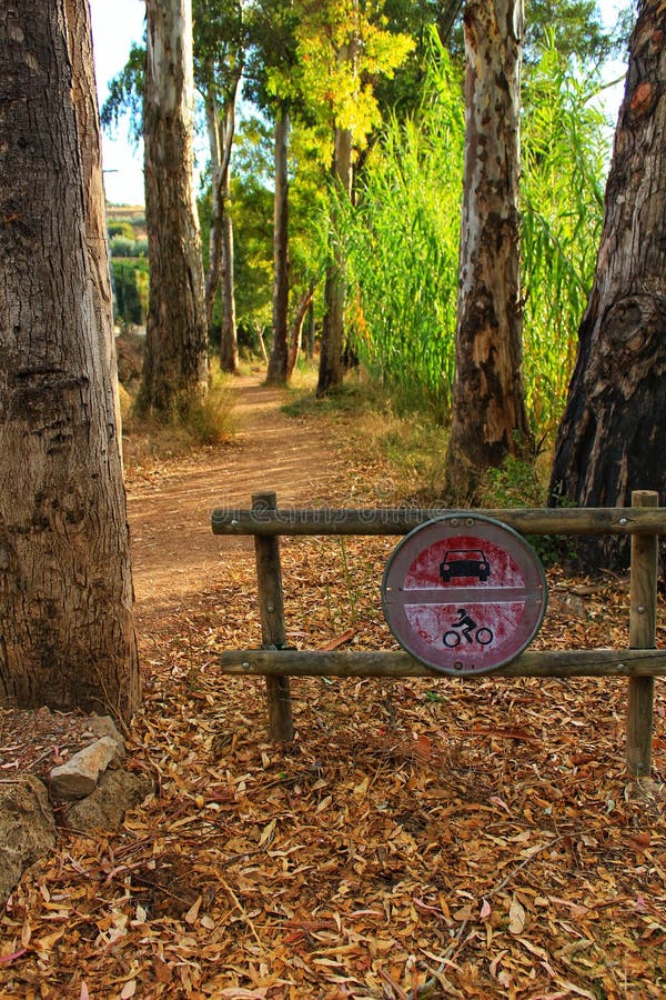 Path Going into the Forest and Forbidden Sign. Stock Photo - Image of ...