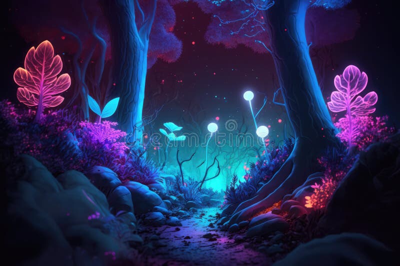 Path Going through a Neon Forest. Generative Ai Illustration Stock ...