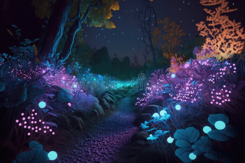 Path Going through a Neon Forest. Generative Ai Illustration Stock ...