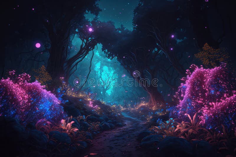 Path Going through a Neon Forest. Generative Ai Illustration Stock ...