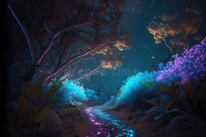 Path Going through a Neon Forest. Generative Ai Illustration Stock ...