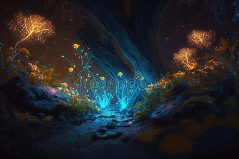 Path Going through a Neon Forest. Generative Ai Illustration Stock ...