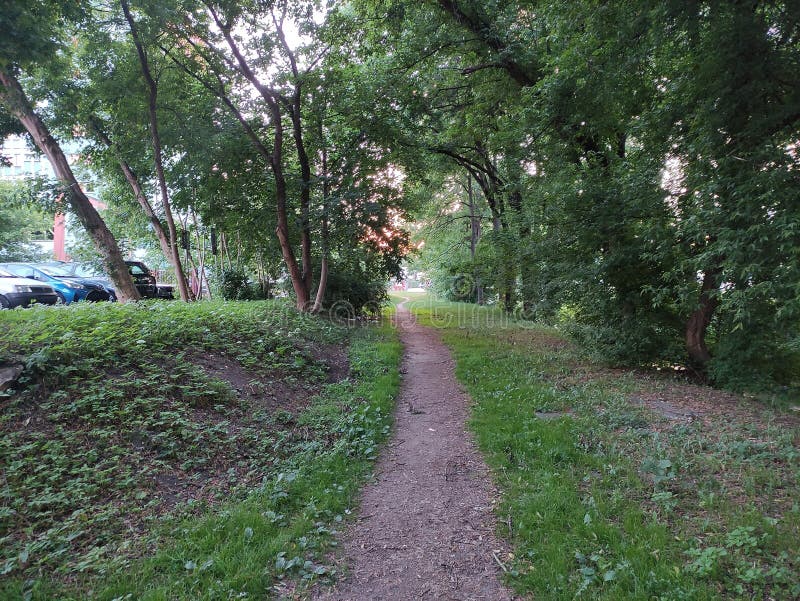 Path Going through the Park and Parking Lot Stock Photo - Image of ...