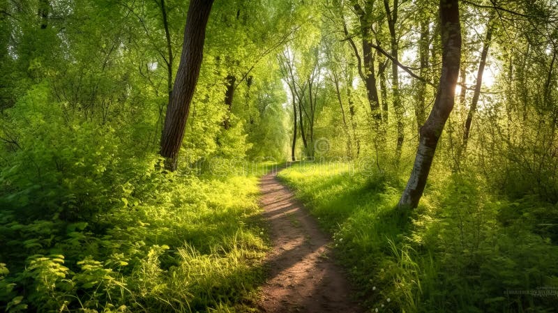 Path in the Green Forest, Spring Time. Panoramic Image Stock ...