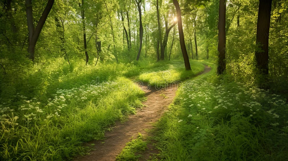 Path in the Green Forest, Spring Time. Panoramic Image Stock ...