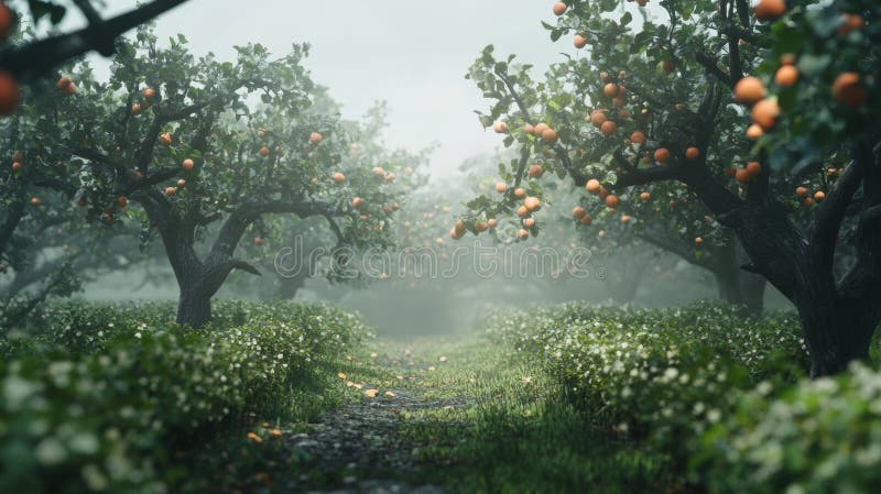 A Path through a Grove of Orange Trees with Fruit on the Ground, AI ...
