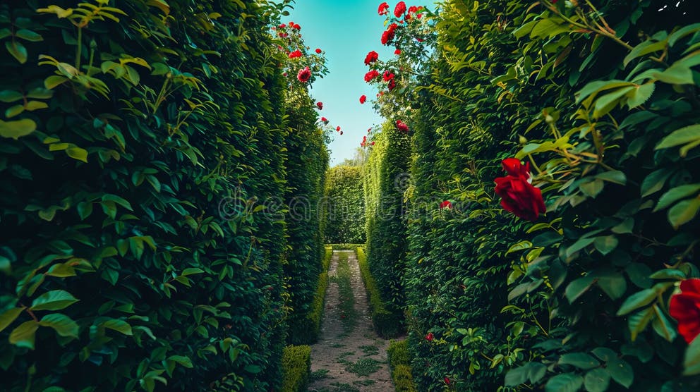 A Path through a Hedge Maze with Red Roses Stock Image - Image of ...