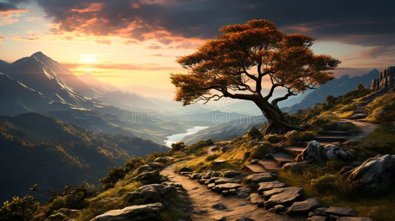 Path in the Hills and an Tree with Mountain at the End of Path Stock ...